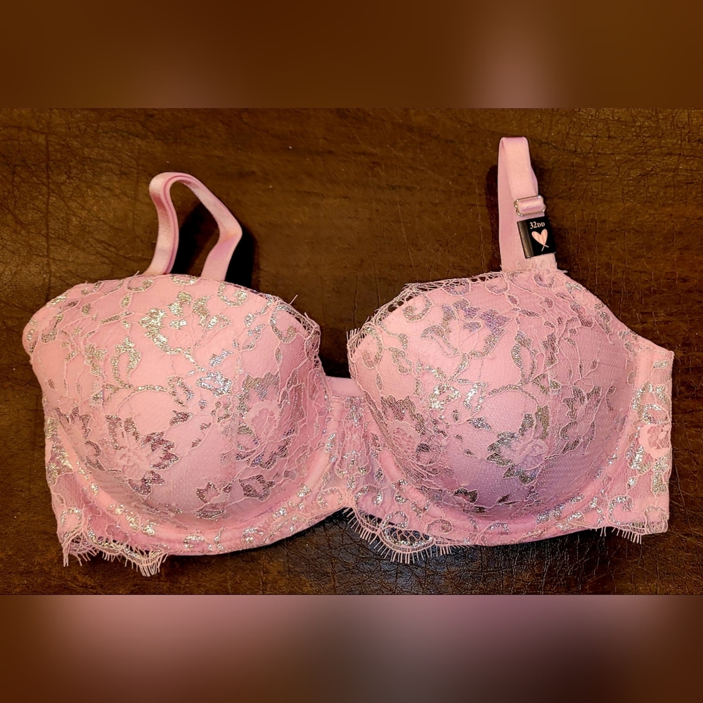 Nwot-Vs Pink & Silver Detailed Lace Bra Size 32 Dd - Gem